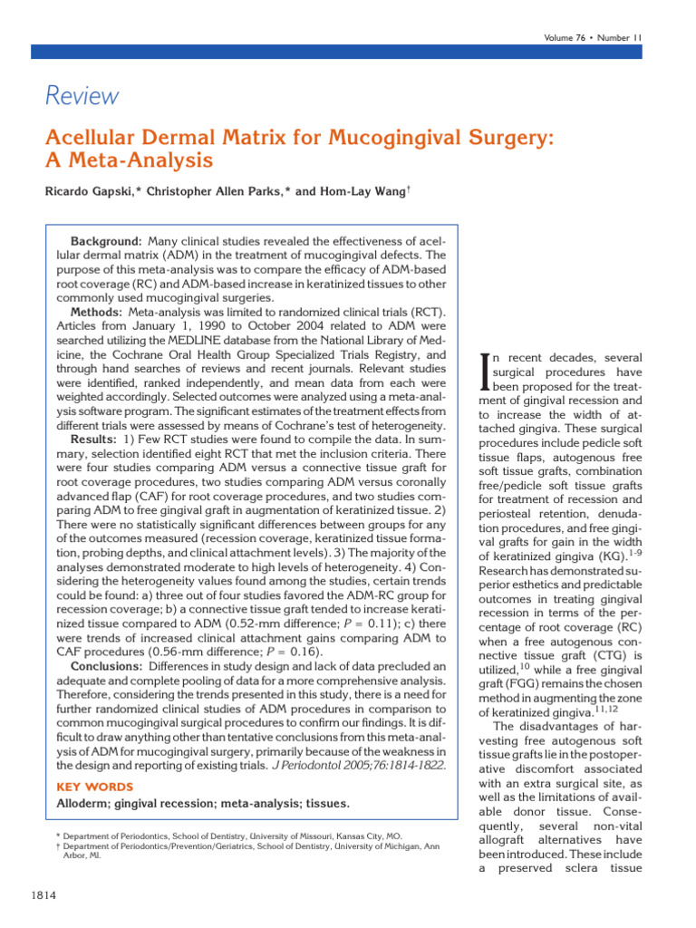 Acellular Dermal Matrix For Mucogingival Surgery - A Meta-Analysis | PDF