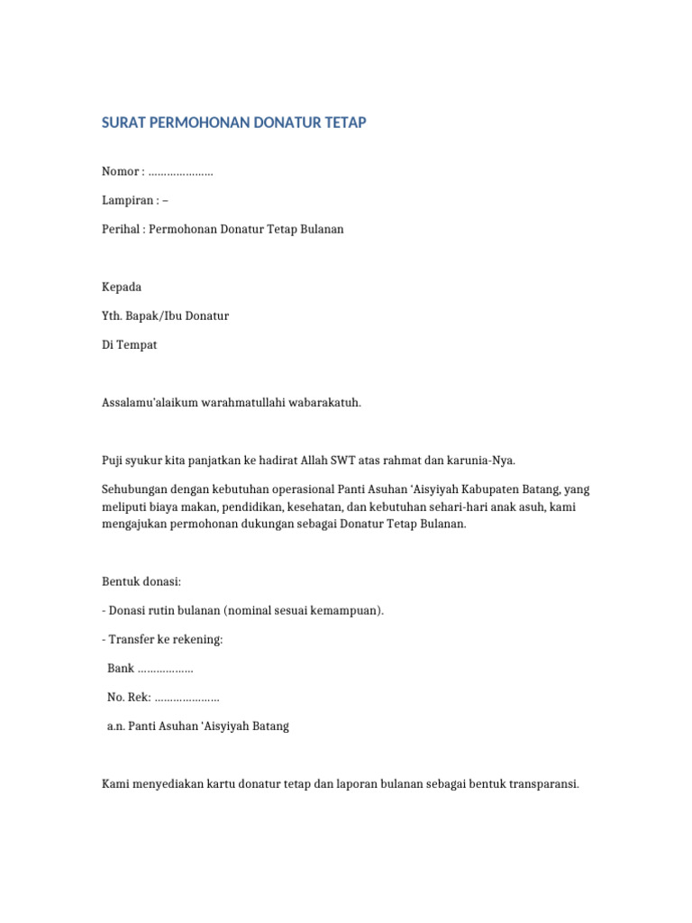 Surat Permohonan Donatur Tetap | PDF