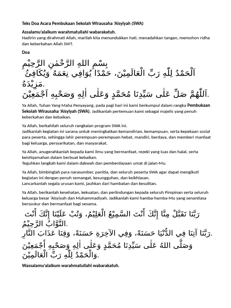 Teks Doa Acara Pembukaan Sekolah Wirausaha | PDF