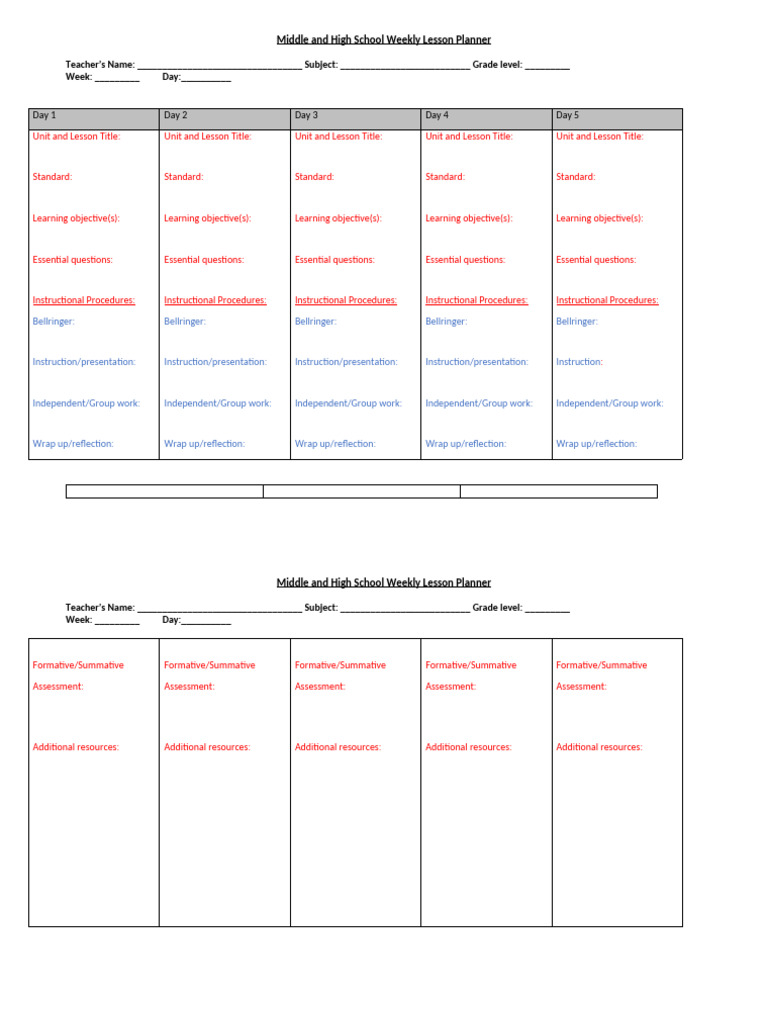 Weekly Lesson Planner-MS-HS | PDF