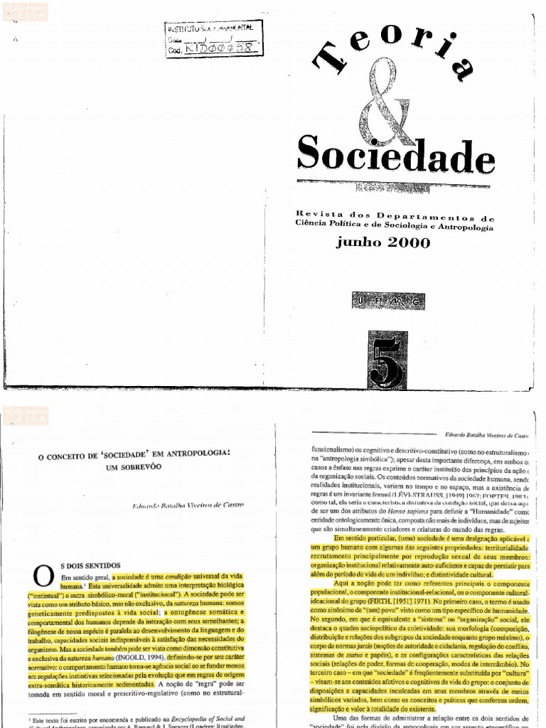 VIveiros de Castro, E. B. O Conceito de Sociedade Em Antropologia | PDF | Antropologia ...