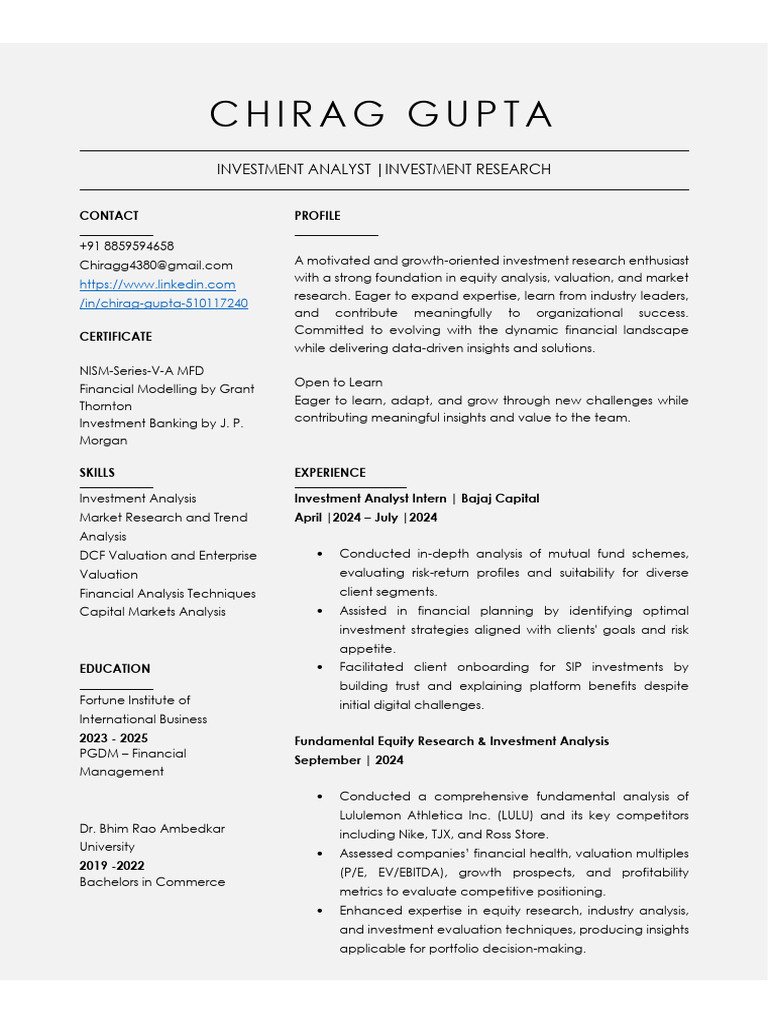Chirag Gupta Resume 2 PDF | PDF | Investing | Valuation (Finance)