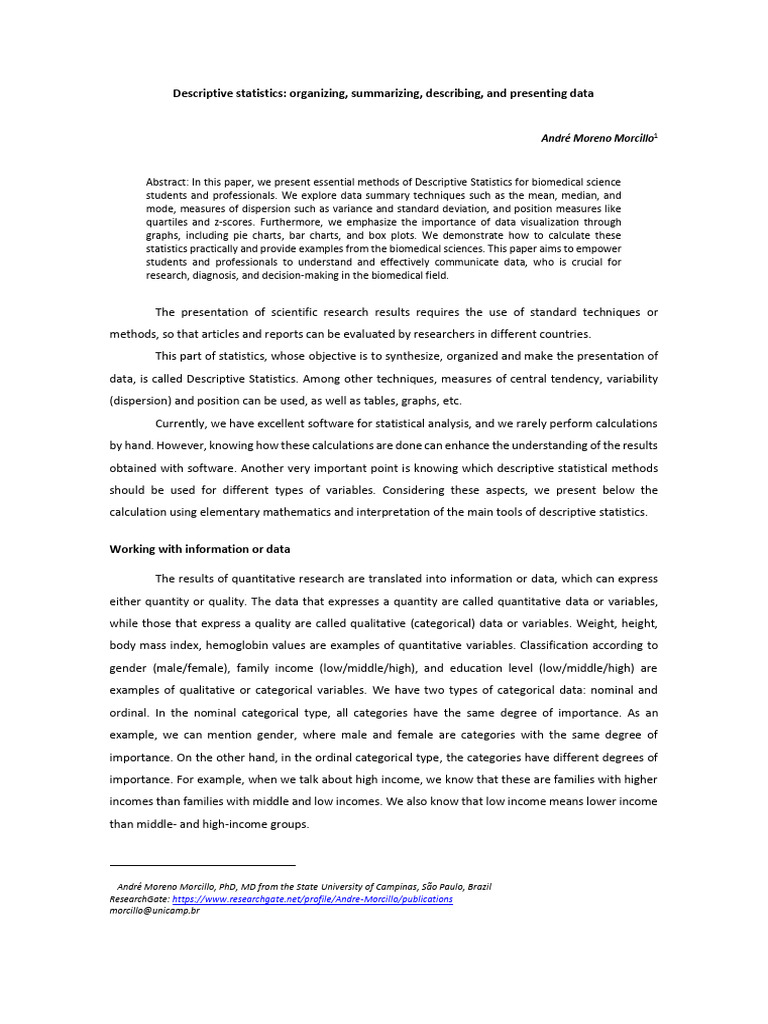 Descriptive Statistics: Organizing, Summarizing, Describing, and Presenting Data | PDF ...