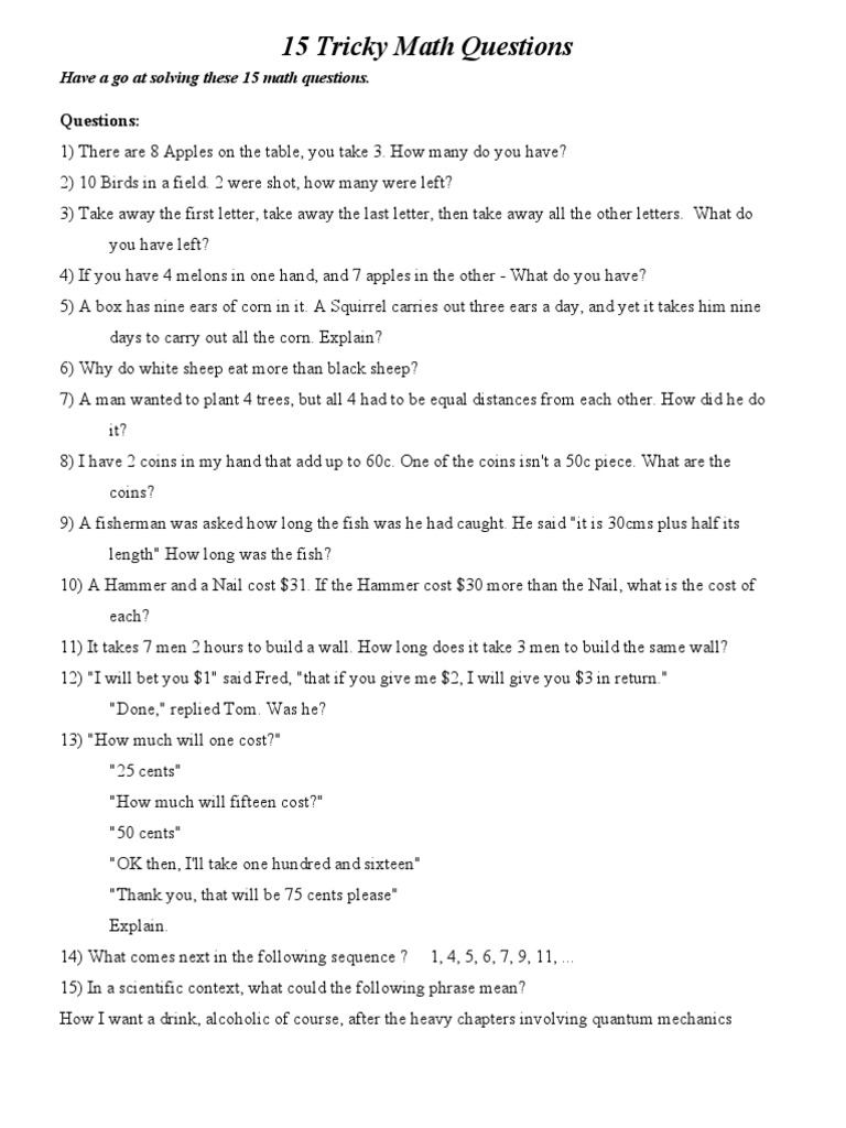 15 Tricky Math Problems | PDF | Teaching Mathematics | Science