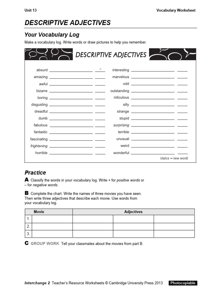 Descriptive Adjectives Vocabulary Worksheet | PDF