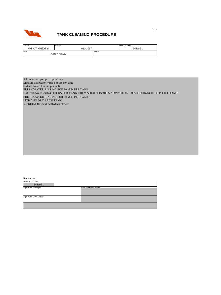 Tank Cleaning Procedure for M/T Kitikmeot | PDF