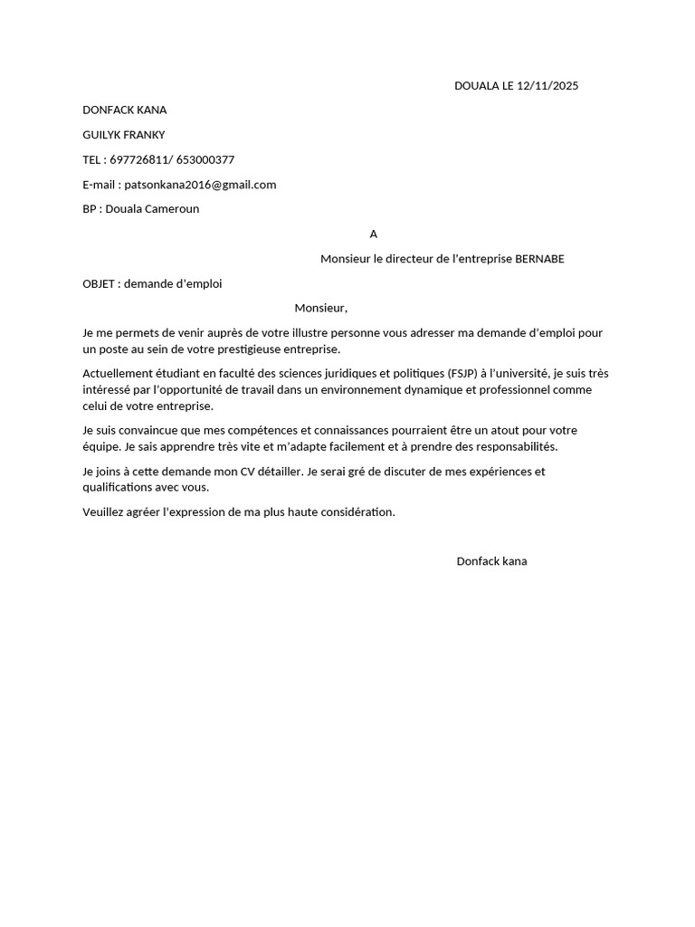 Demande d'emploi de Donfack Kana | PDF