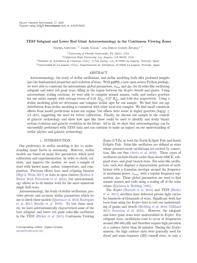 TESS Subgiant and Lower Red Giant Asteroseismology | PDF | Stars ...