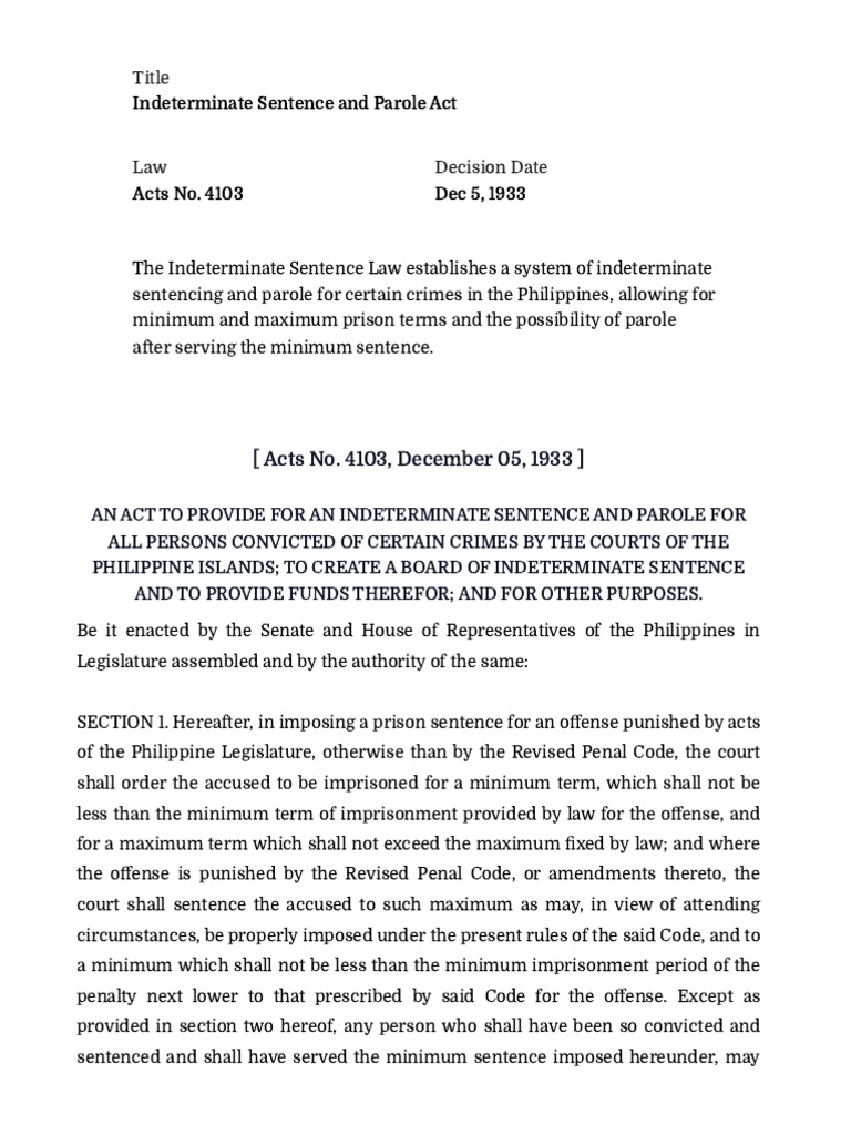 Indeterminate Sentence and Parole Act | PDF | Parole | Sentence (Law)