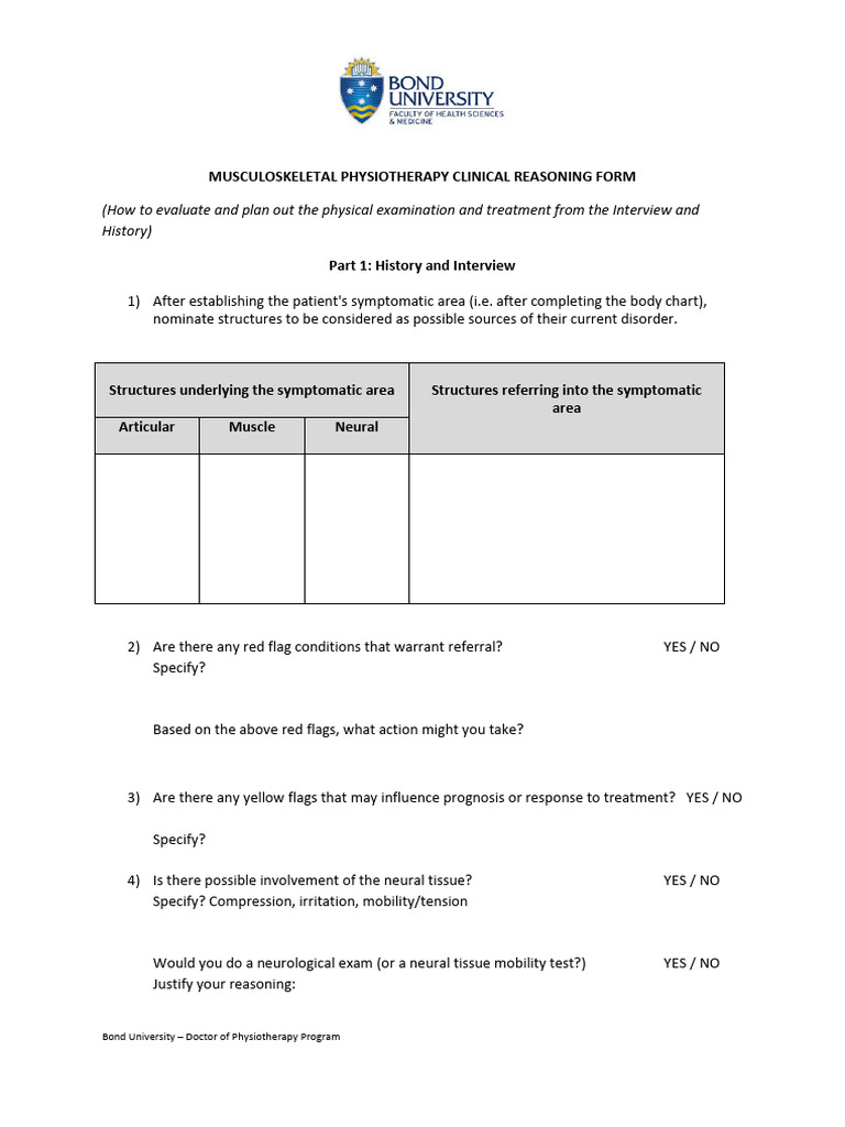 MSK Clinical Reasoning Form | PDF | Physical Therapy | Hypothesis