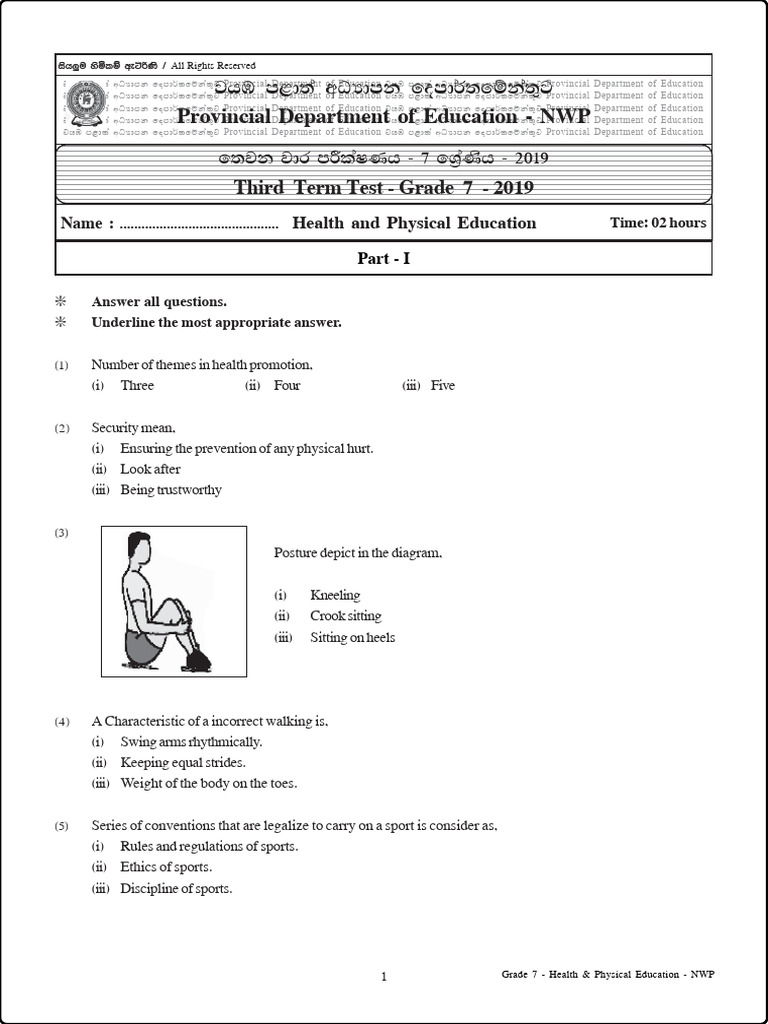 Grade 7 Health Education Test 2019 | PDF