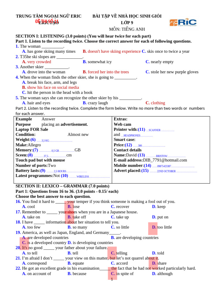 ĐỀ SỐ 11-HSG ANH 9 | PDF