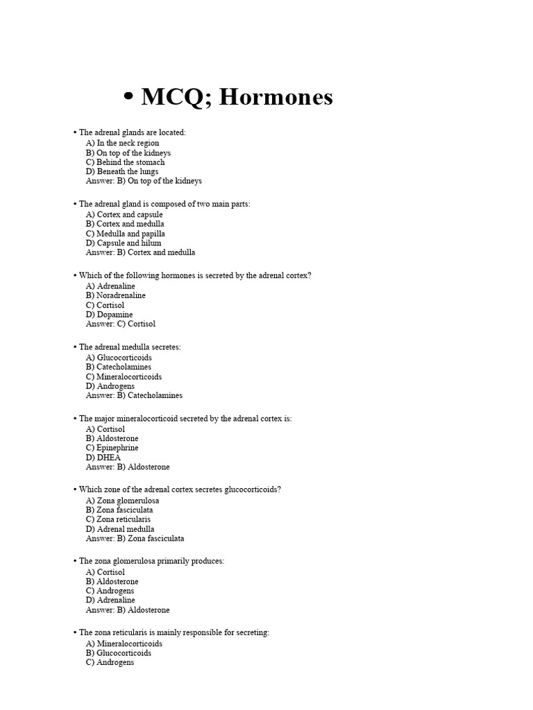 Practice Questions (Hormone) | PDF | Adrenal Gland | Cortisol