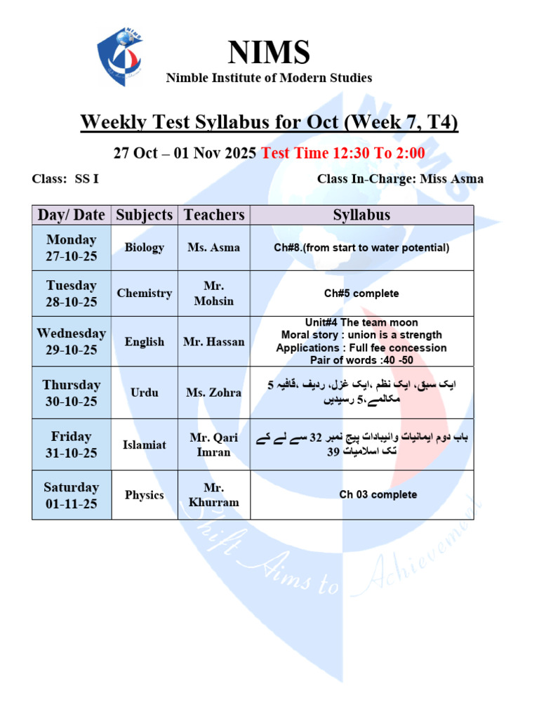NIMS Weekly Test Syllabus Oct 2025 | PDF