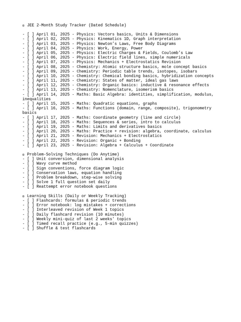 JEE 2 Month Tracker With Dates | PDF