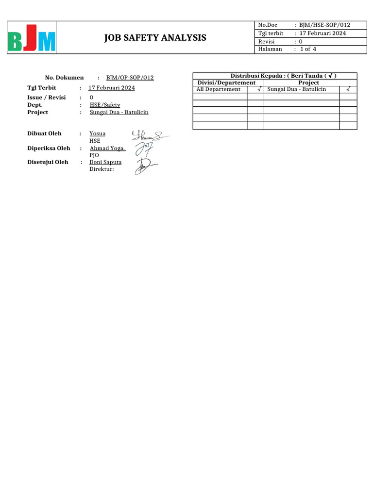 012 HSE-BJM-SOP Job Safety Analysis | PDF