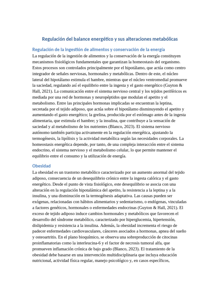Regulación del Balance Energético y Metabolismo | PDF | Hipotálamo ...