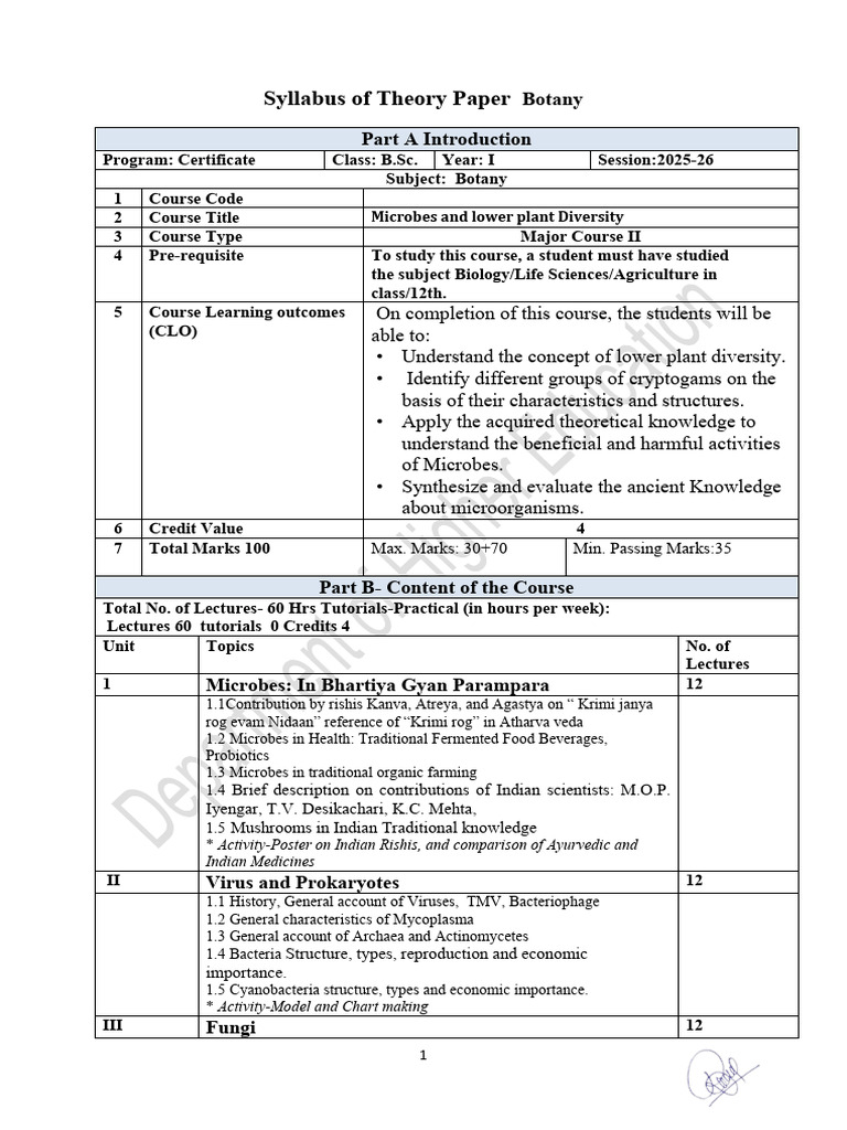 BSC I Botany Major - II Paper Microbes and Diversity of Lower Plants 25 ...