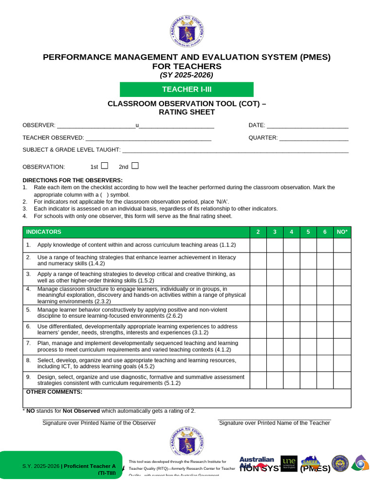 Teacher Observation Rating Sheet PMES | PDF | Teachers | Learning
