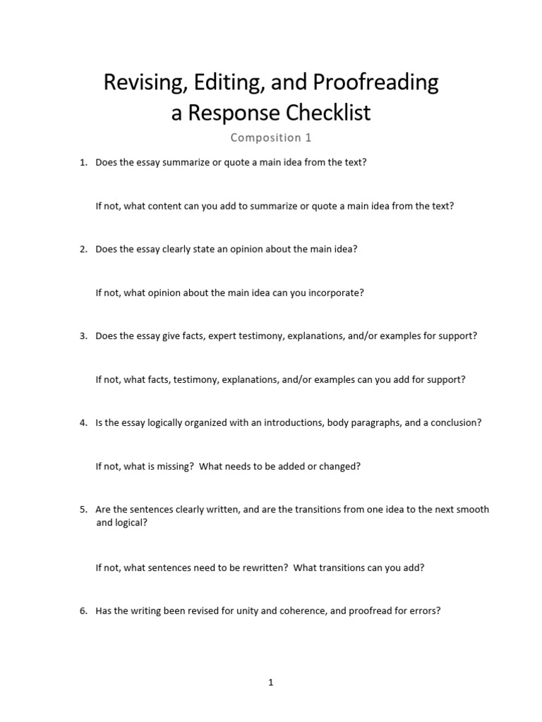 Revising Editing Proofreading Response Checklist | PDF