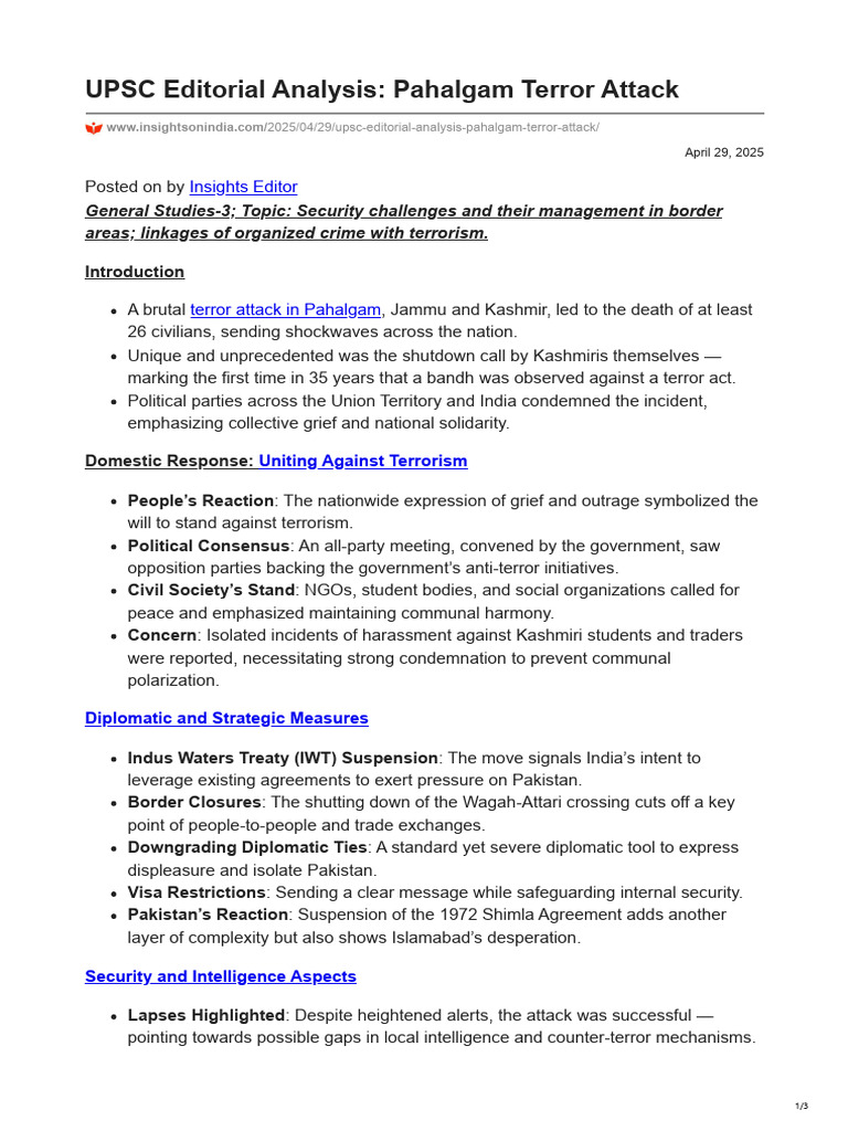 UPSC Editorial Analysis - Pahalgam Terror Attack | PDF