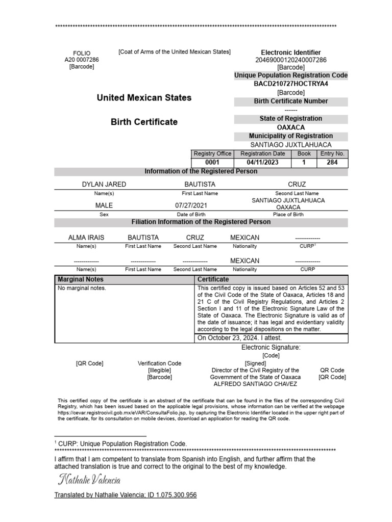 TRAD Birth Certificate of Dylan Jared BAUTISTA CRUZ | PDF | Qr Code ...
