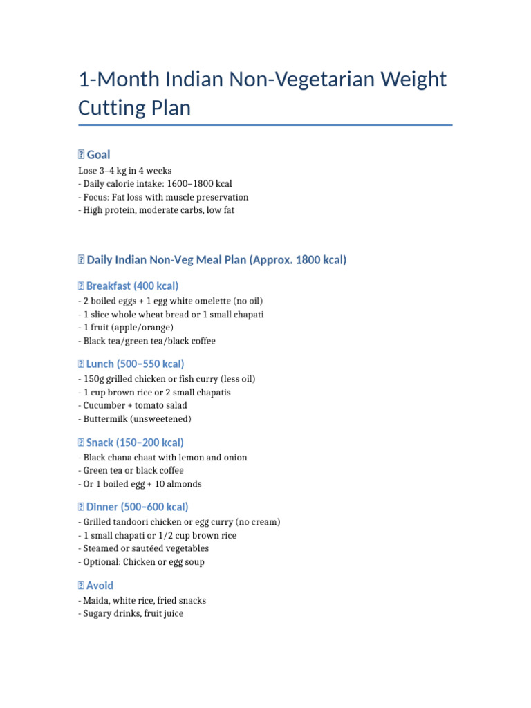 1-Month Weight Cutting Plan Indian NonVeg | PDF