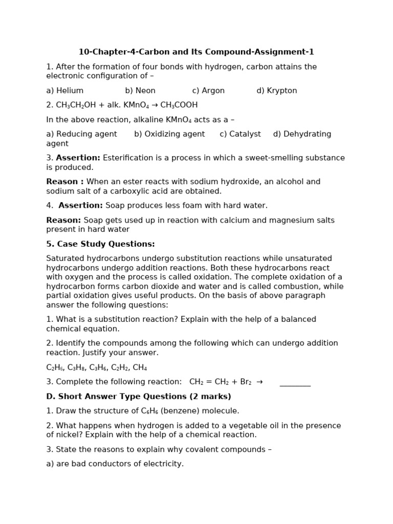 10-Chapter-4-Assignment-1-Carbon and Its Compound (1) | PDF | Chemical ...