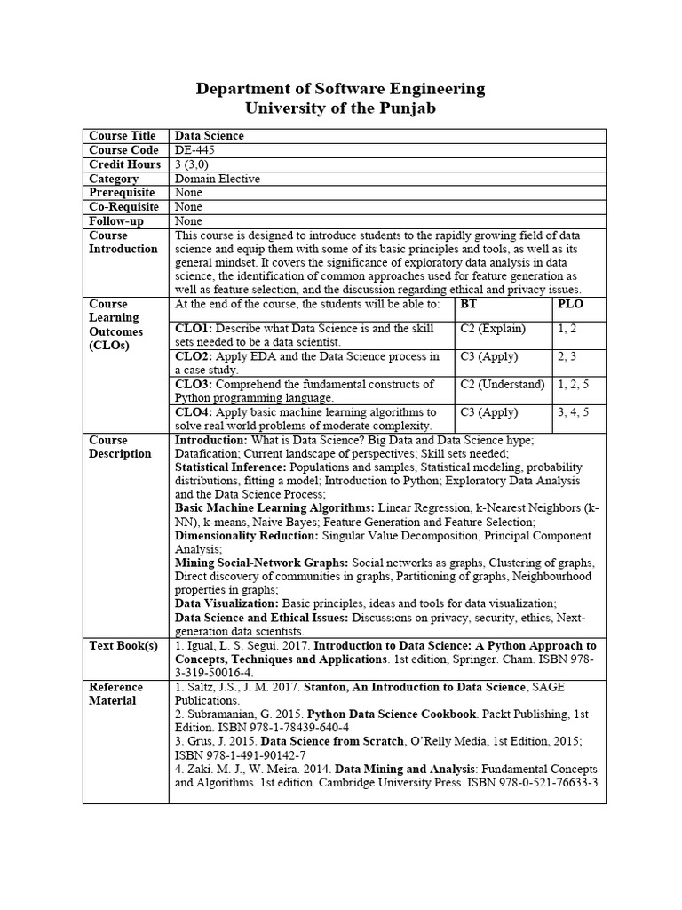 CourseOutline DataScience F25 | PDF | Statistics | Data Science