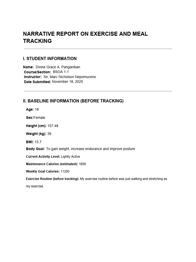 Exercise and Meal Tracking Report | PDF | Strength Training | Human ...