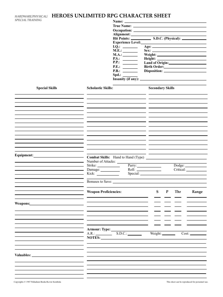 Heroes Unlimited RPG Character Sheet | PDF | Role Playing Games ...