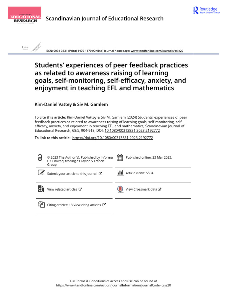 Students Experiences of Peer Feedback Practices As Related To Awareness ...