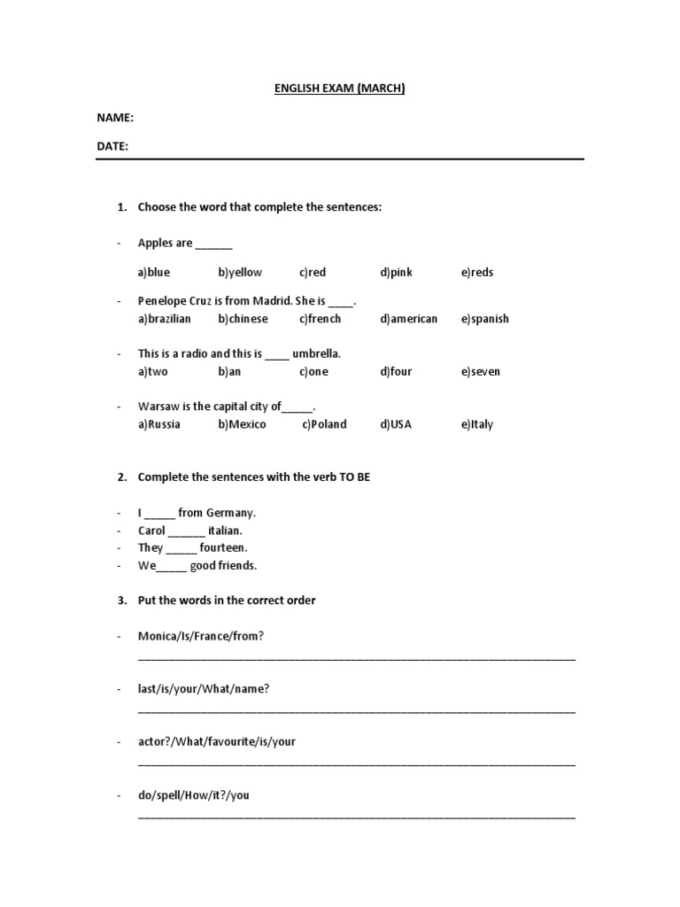 English Exam Basico 1 | PDF | Linguistics