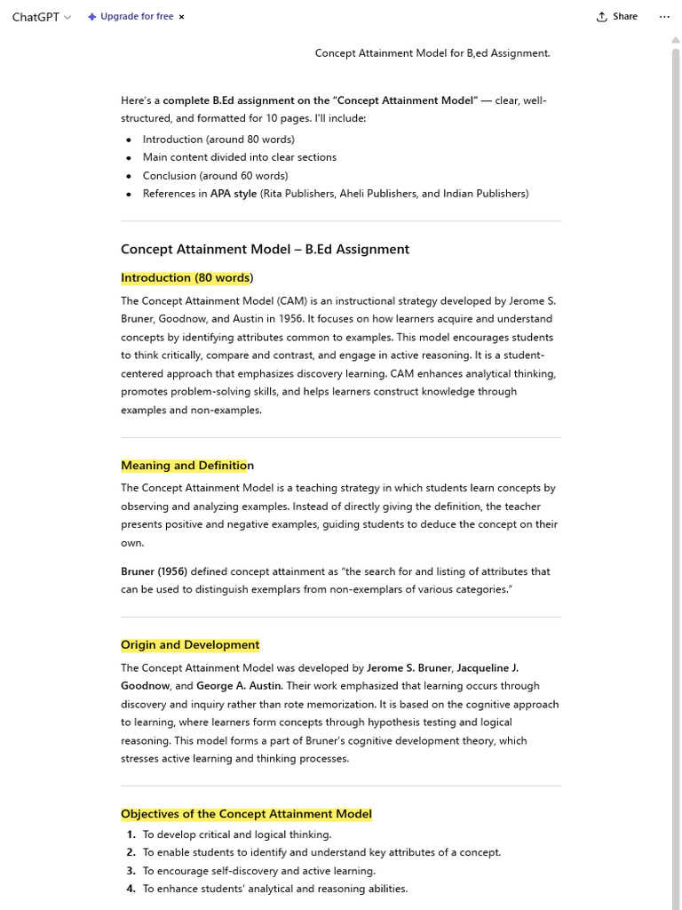 Concept Attainment Model B.Ed Guide | PDF | Learning | Thought