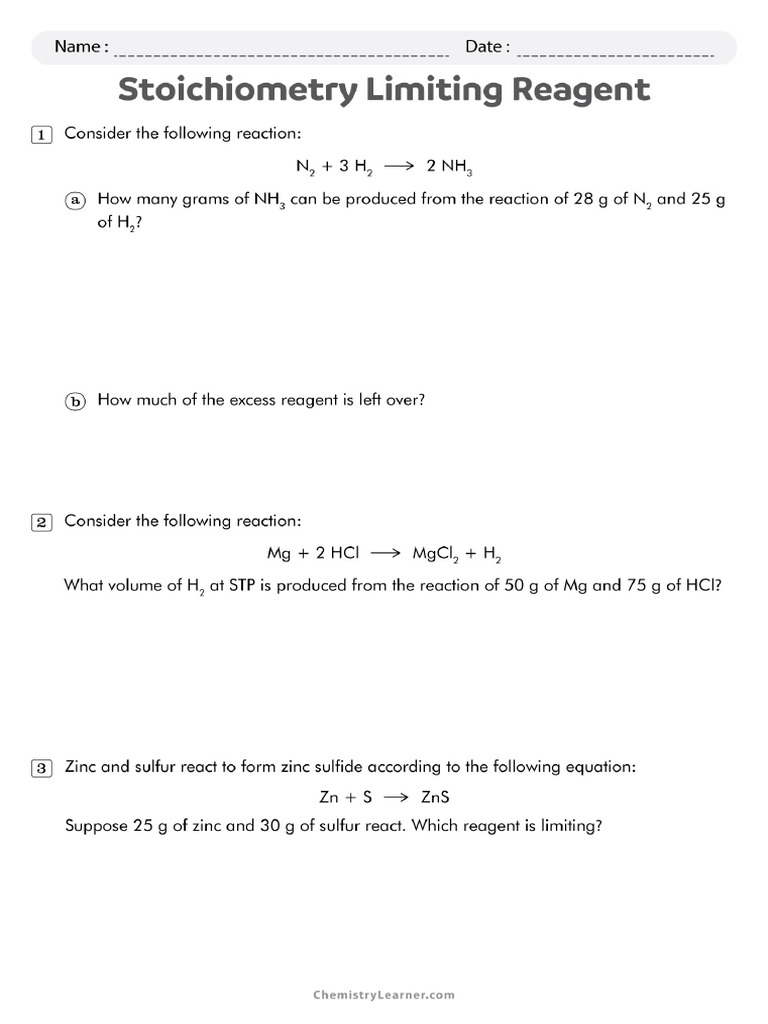 Stoichiometry Limiting Reagent Worksheet | PDF