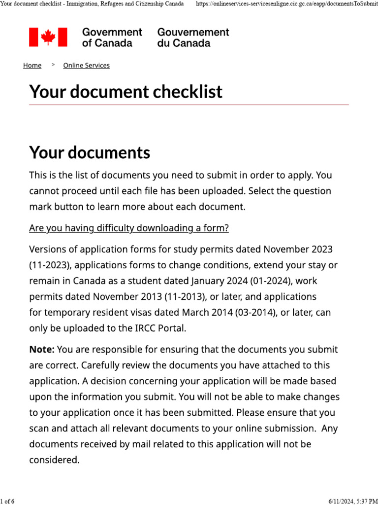 Document Checklist - Immigration Canada | PDF