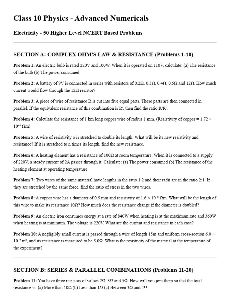 Class 10 Physics: Advanced Electricity Problems | PDF | Series And ...
