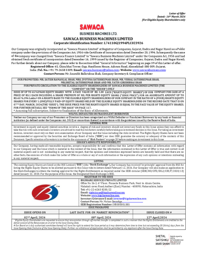 Sawaca Business Rights Issue Offer 2024 | PDF | Equity (Finance) | Banks