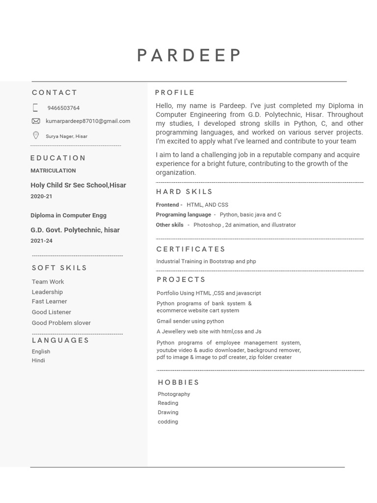 Minimalist White and Grey Professional Resume | PDF