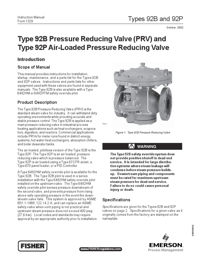 Instruction Manual, Fisher Type 92B & 92P PRV | PDF | Valve | Screw