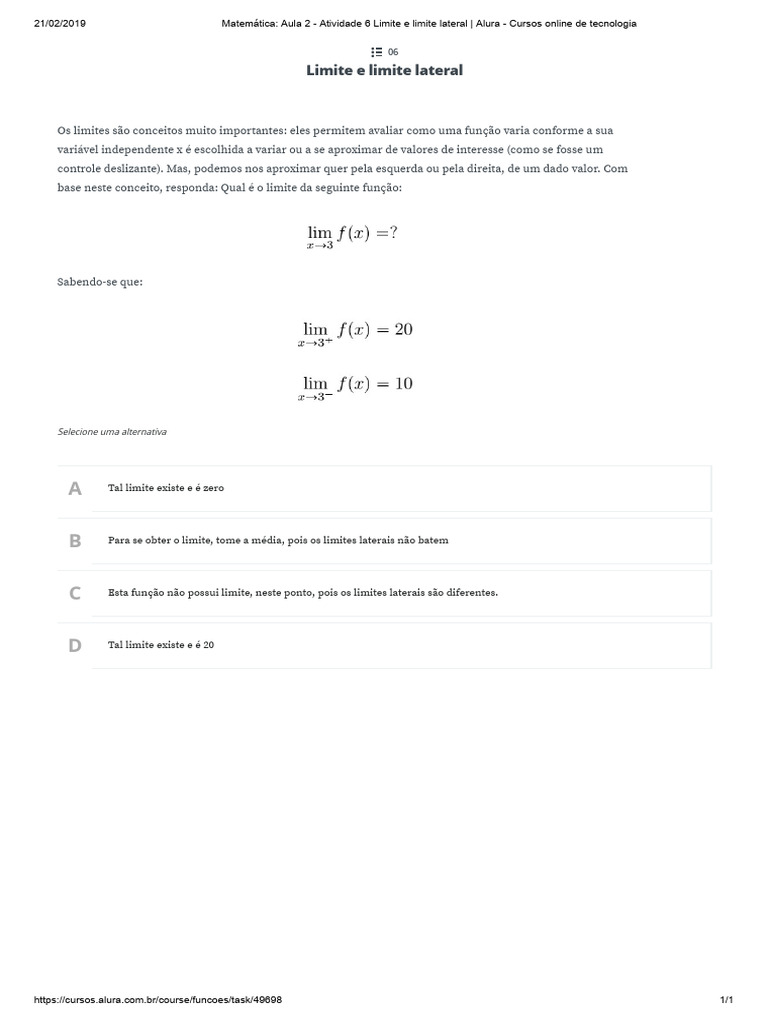 Matemática - Aula 2 - Atividade 6 Limite e Limite Lateral - Alura ...