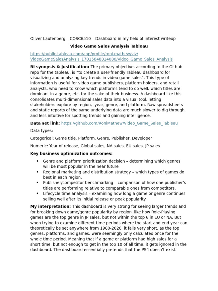 Video Game Sales Dashboard Analysis | PDF