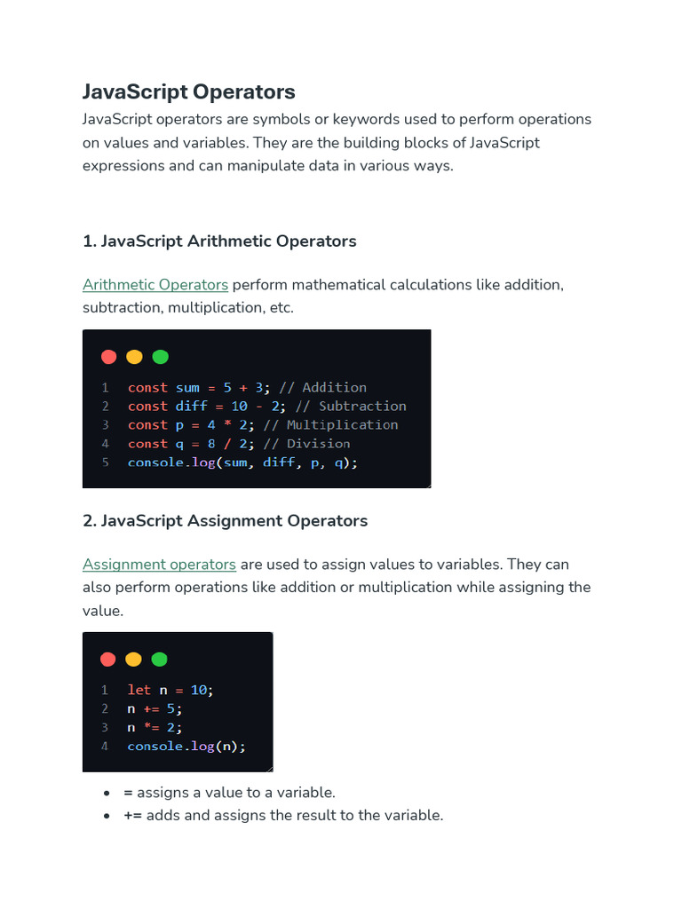 Essential JavaScript Operators Guide | PDF