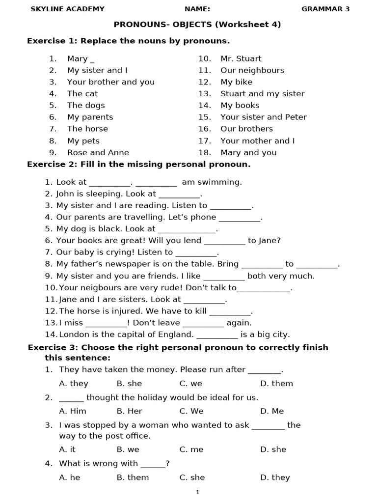 Grammar 3 - Pronouns - Object Pronouns - Worksheet 4 | PDF | Pronoun ...