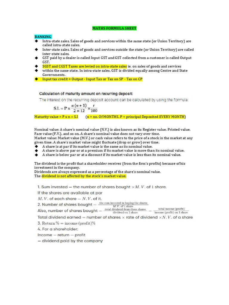 X Icse Maths Formula Sheet | PDF | Matrix (Mathematics) | Dividend