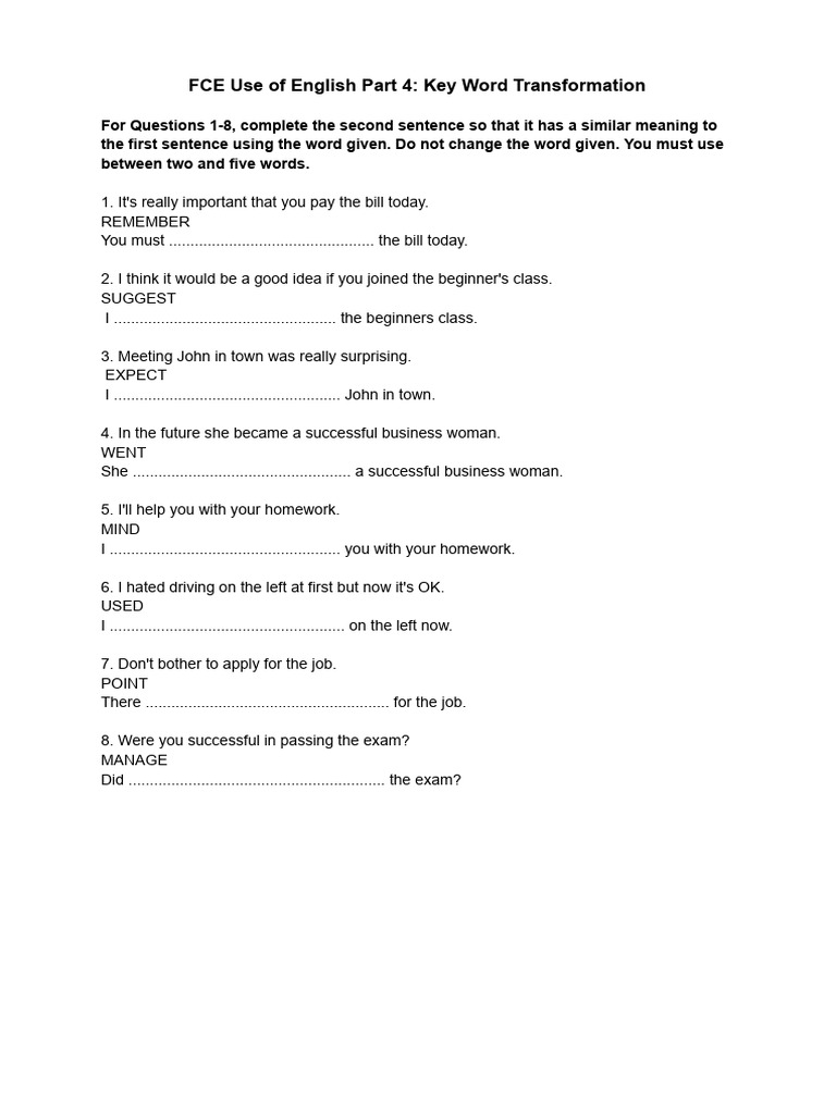 FCE Key Word Transformation Practice | PDF