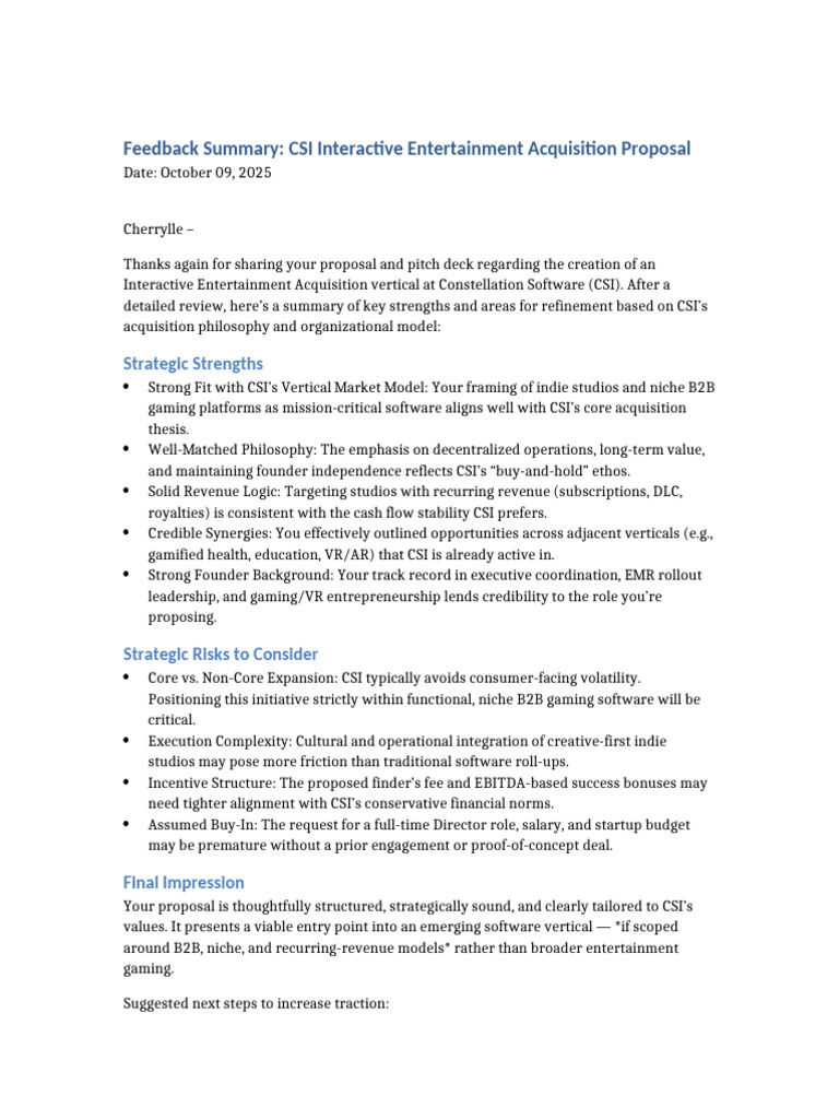 CSI Proposal Feedback Summary | PDF | Business | Economies