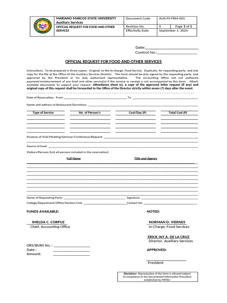 Official Food Service Request Form | PDF