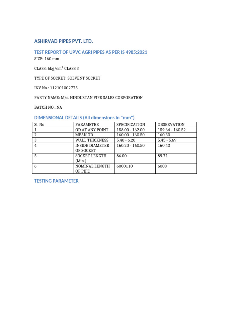 UPVC Agri Pipes Test Report IS 4985:2021 | PDF