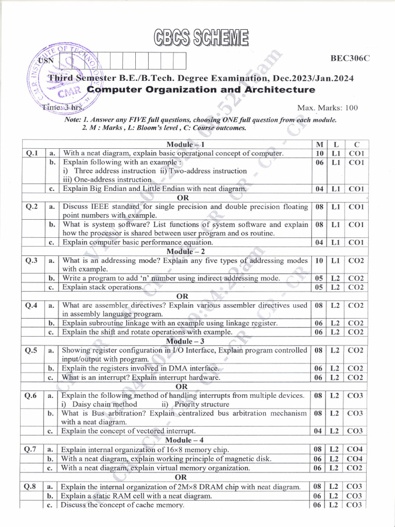 VTU Question Paper of BEC306C Computer Organization and Architecture ...